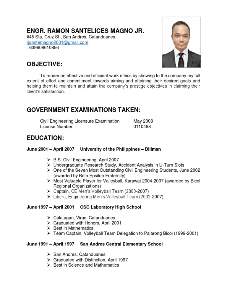 Resume of Ramon Santelices Magno Jr. for a Civil Engineering Position ...