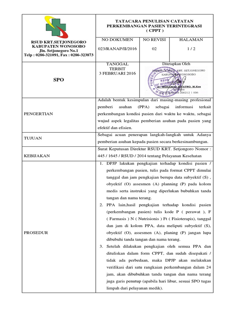 Spo Catatatan Perkembangan Pasien Terintegrasi (CPPT) | PDF | Sains & Matematika