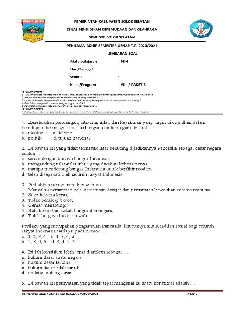 Soal Semester Genap Paket B PKN Kelas Viii | PDF | Ilmu Sosial | Hukum