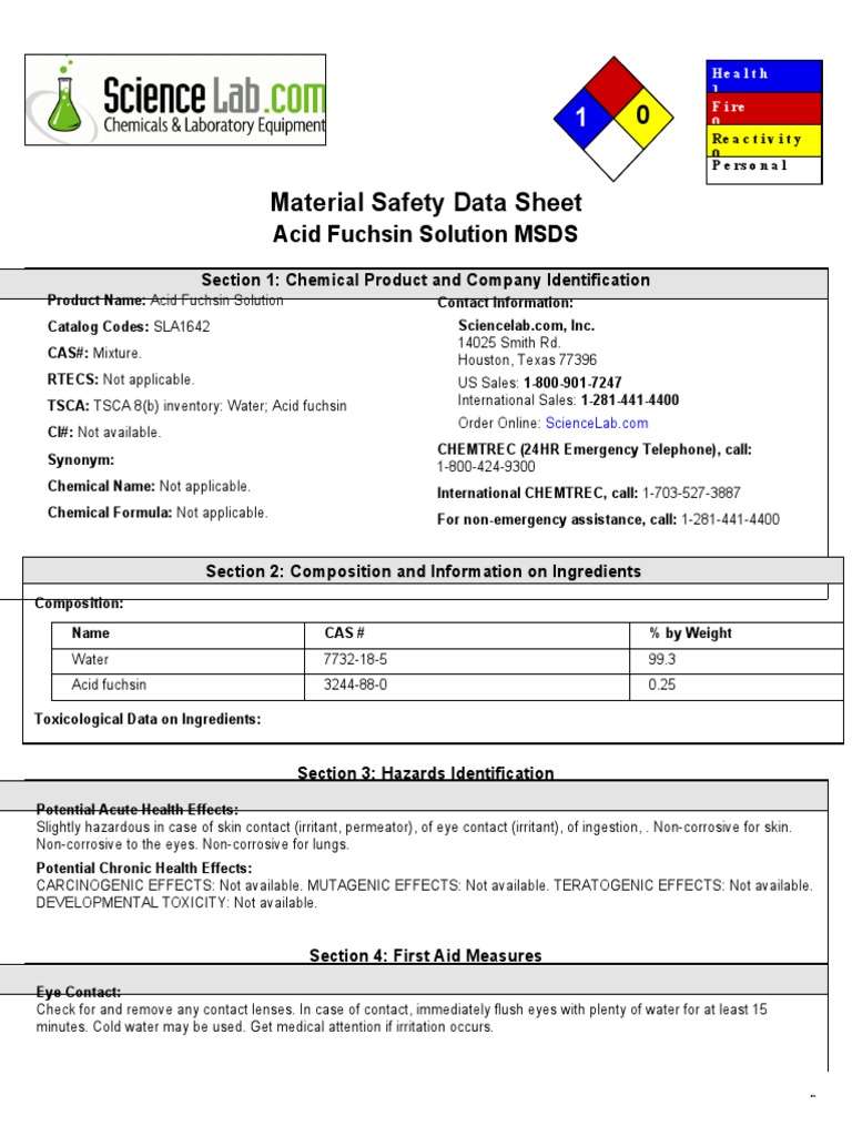 Acid Fuchsin Solution MSDS | PDF | Toxicity | Water