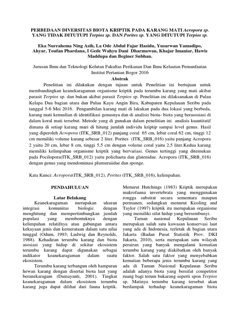Diversitas Biota Kriptik pada Karang Mati | PDF | Sains & Matematika