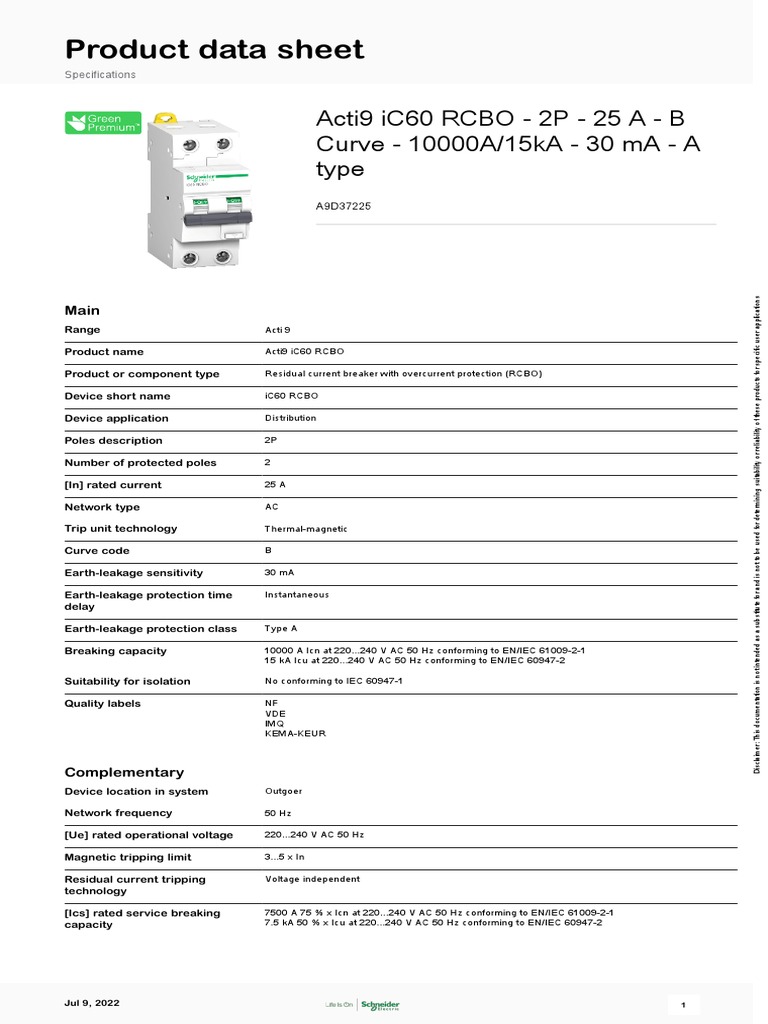 Acti9 Ic60 RCBO (2P - 3P - 4P) - A9D37225 | PDF | Alternating Current ...