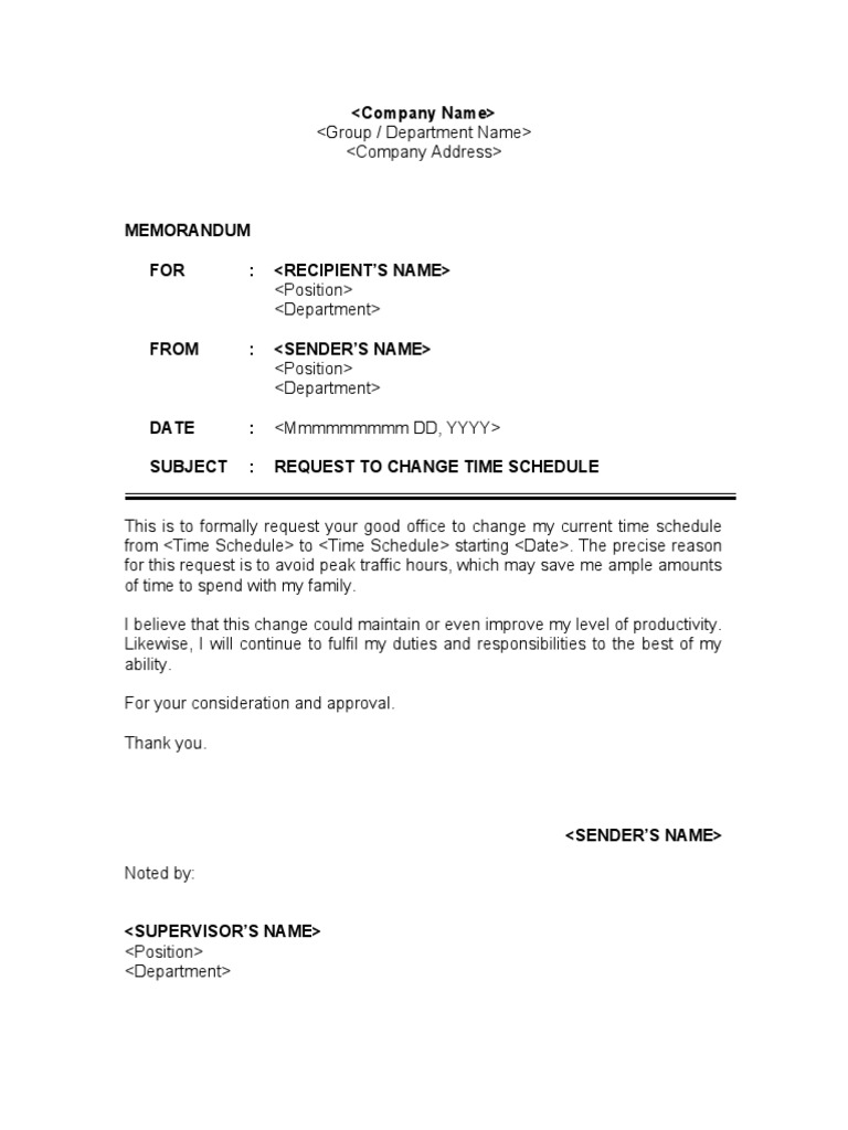 Request To Change Time Schedule Sample Memo | PDF