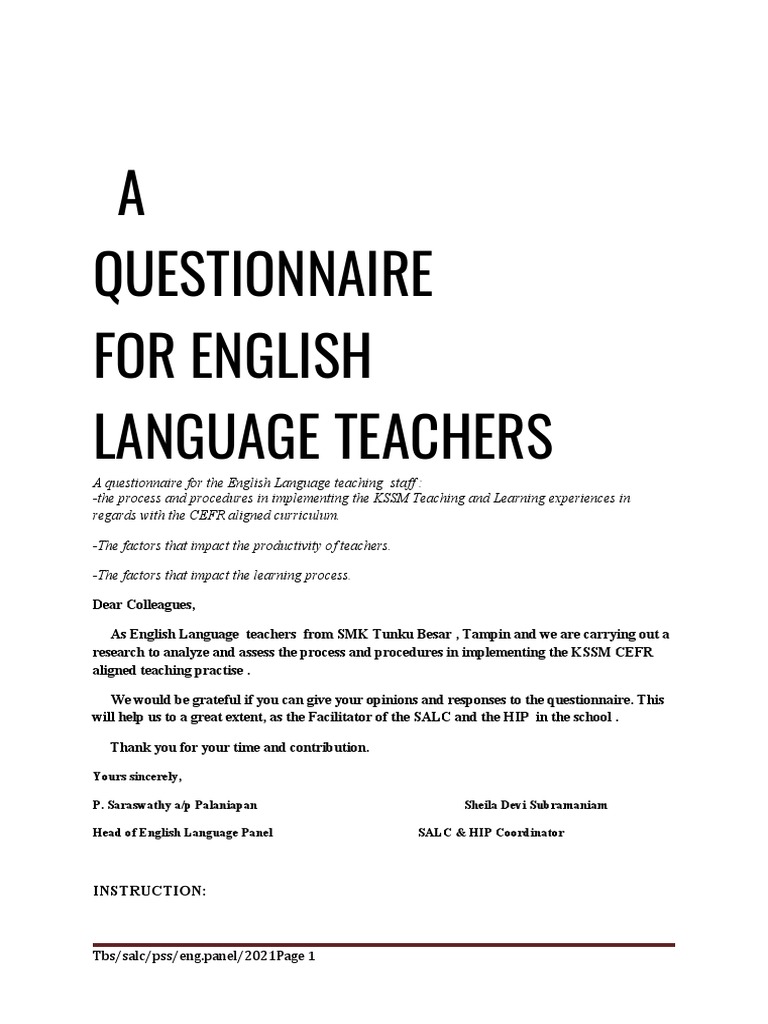 A Questionnaire For English Language Teaching Staff To Survey | PDF ...