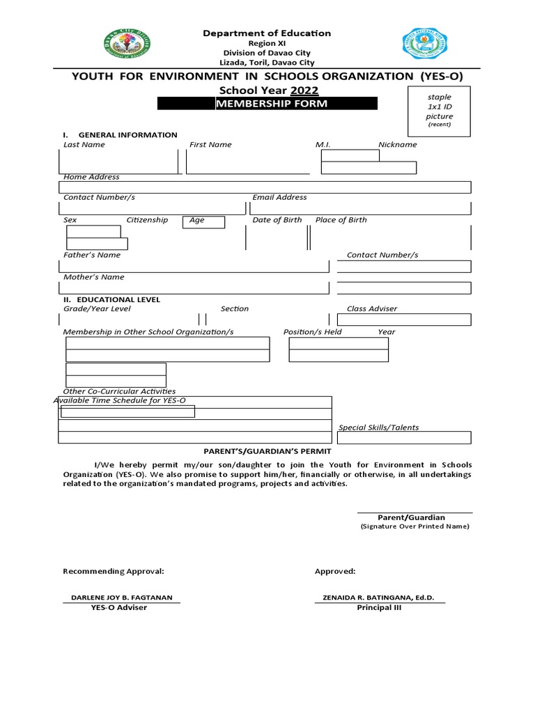 YES-O Membership Form | PDF