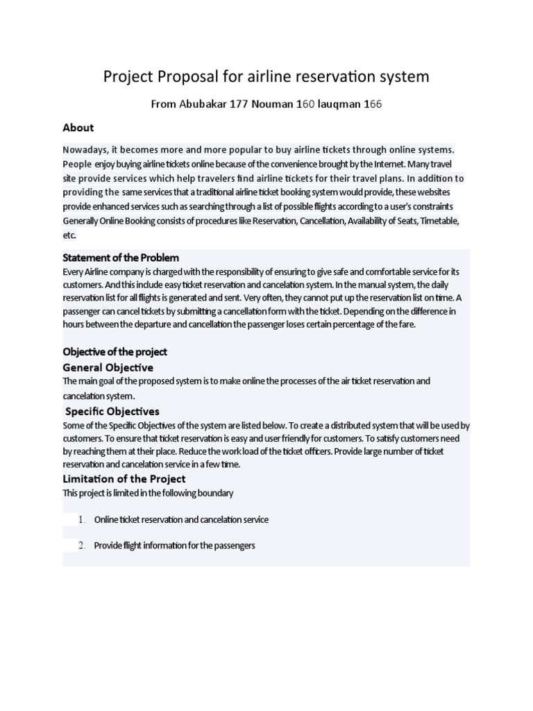 Online Airline Reservation System Proposal | PDF | Business