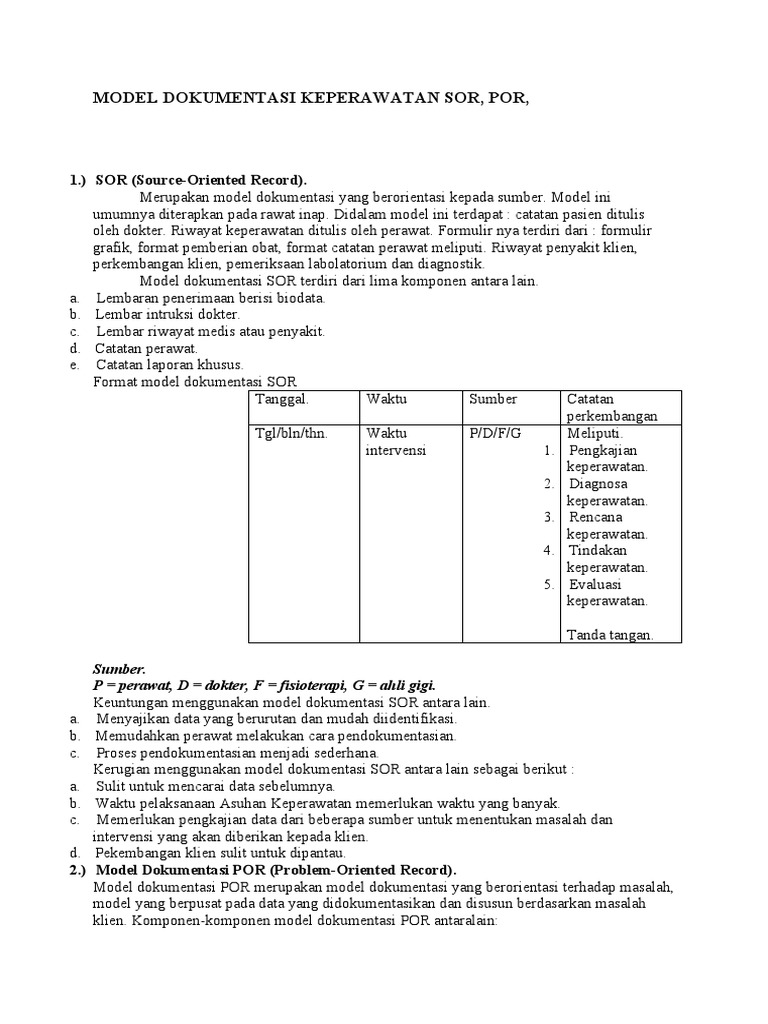 Model Dokumentasi Keperawatan Sor | PDF