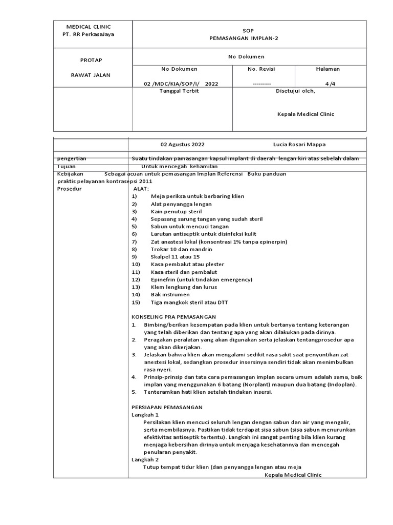 Sop Pemasangan Implan | PDF