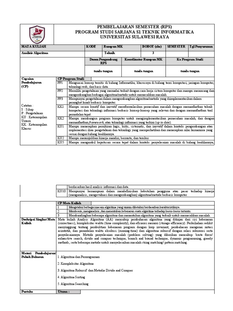 RPS Desain Dan Analisis Alogaritma | PDF