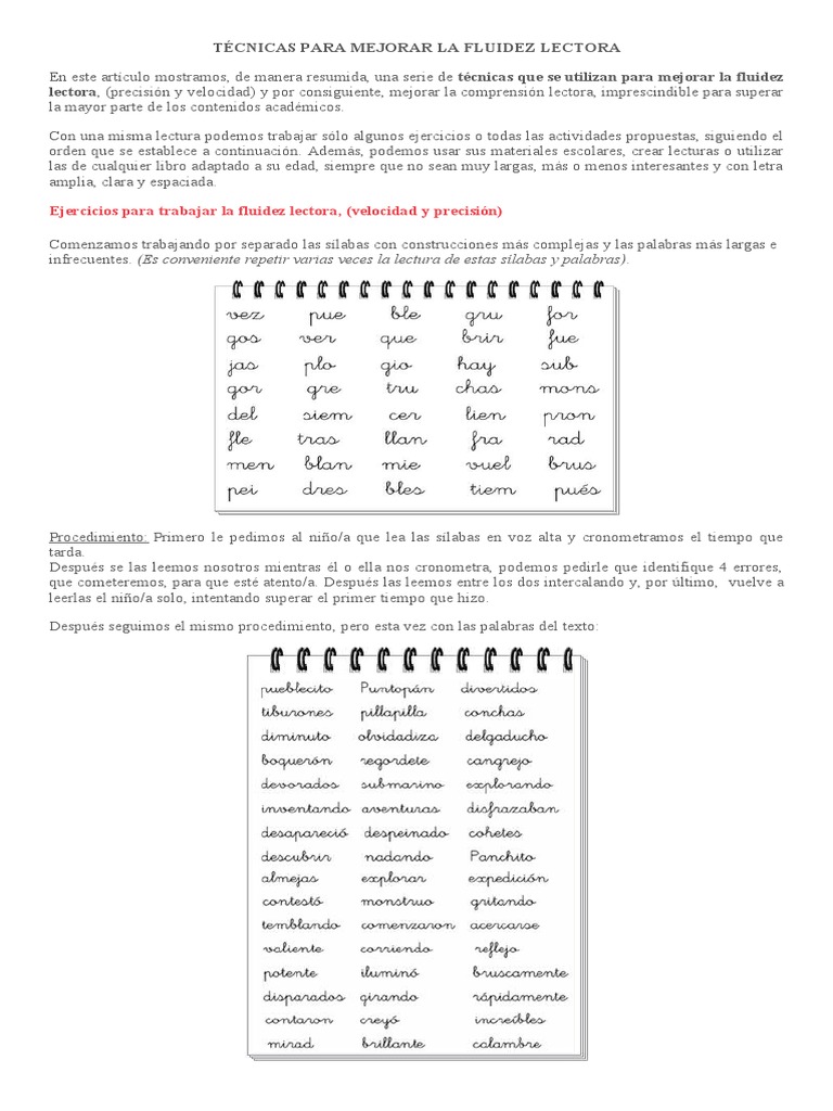 Ejercicios para Mejorar la Fluidez Lectora | PDF | Comprensión lectora ...