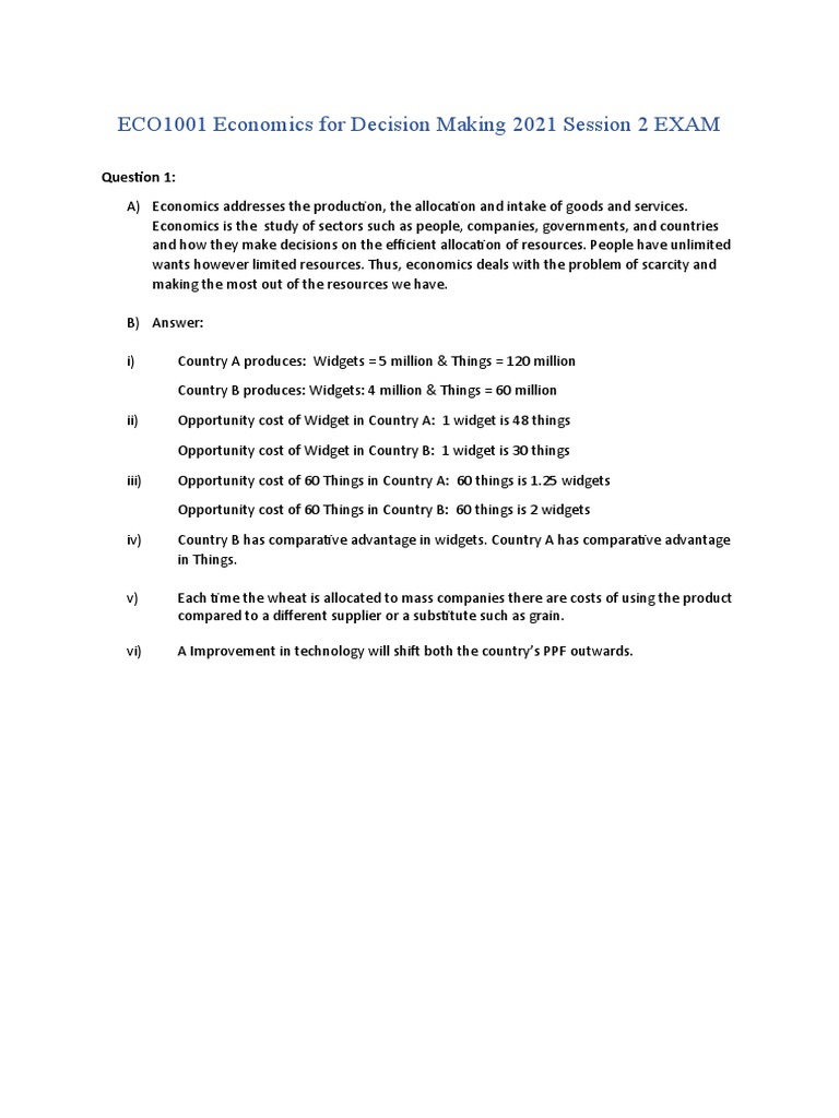 Eco1001 Economics For Decision Making 2021 Session 2 Exam Pdf