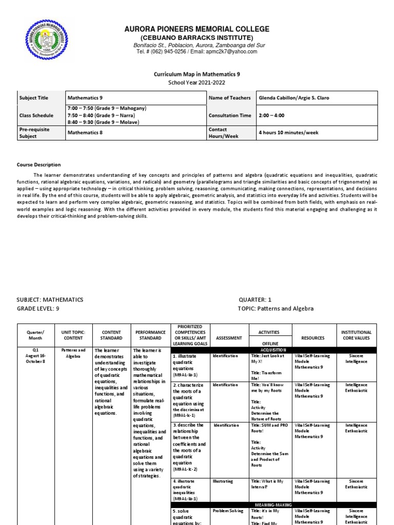 MATH 9_CURRICULUM MAP_2021-2022---2 | PDF | Quadratic Equation | Equations