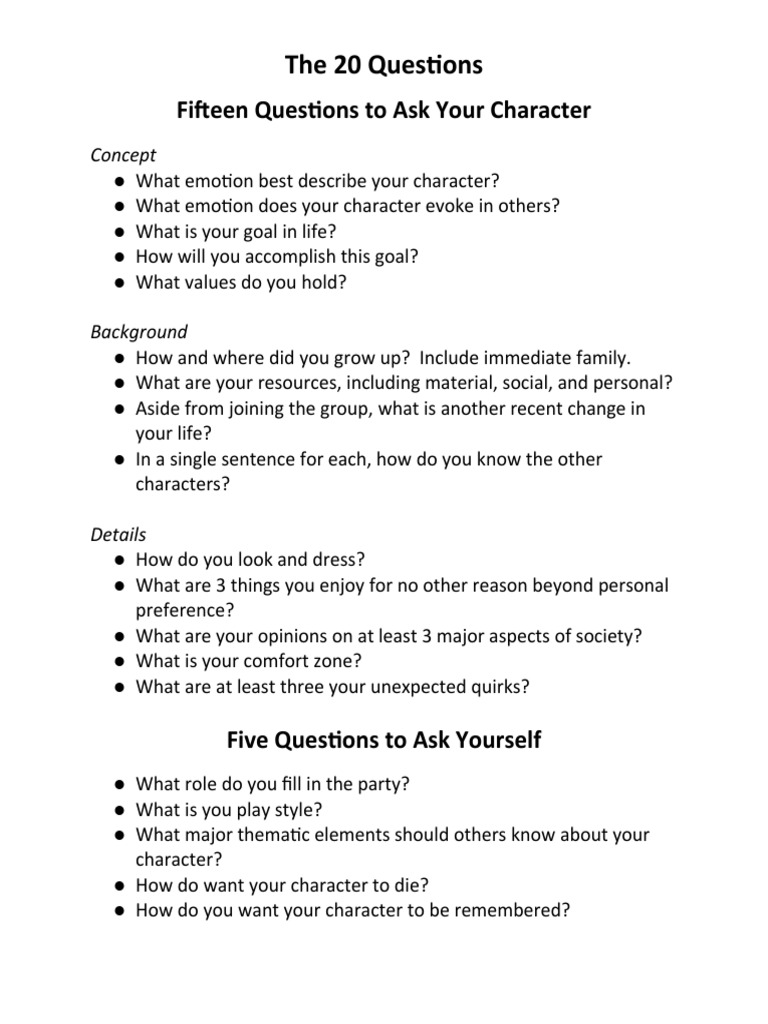 The 20 Questions-RPG Character Creation | PDF