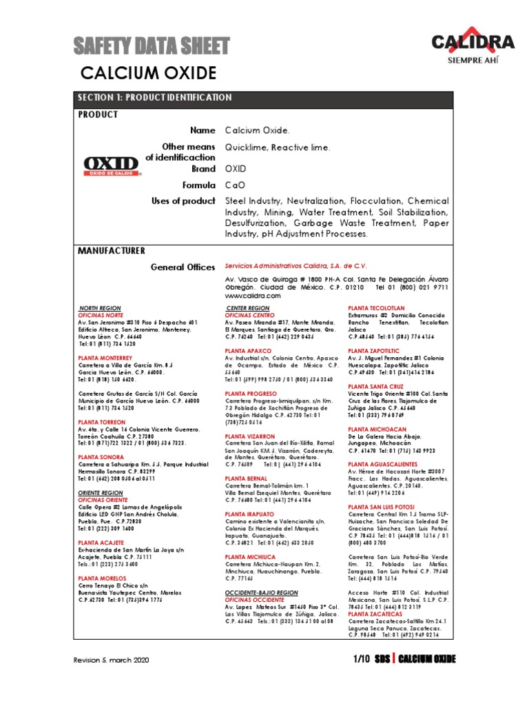 SDS-Calcium-Oxide-Ingles-Rev-5 | PDF