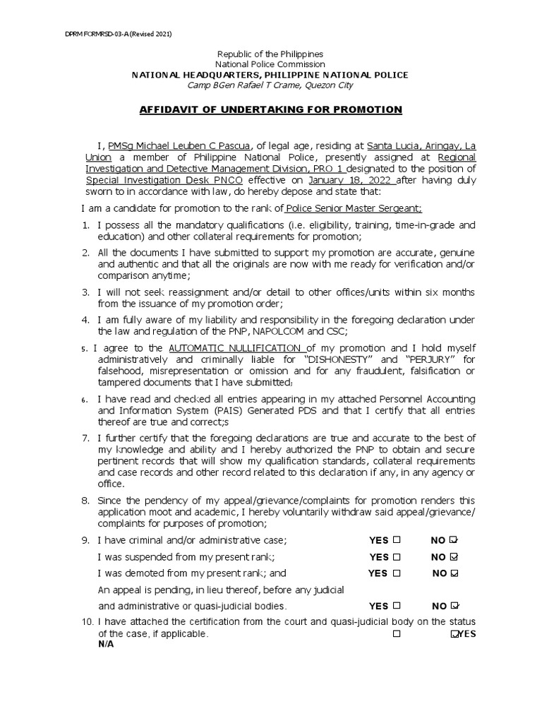 Affidavit for PNP Promotion 2022 | PDF | Affidavit | Judiciaries