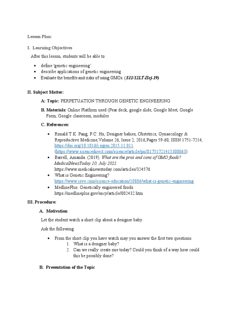 E&L SCIENCE Lesson Plan - Genetic Engineering | PDF | Genetically ...
