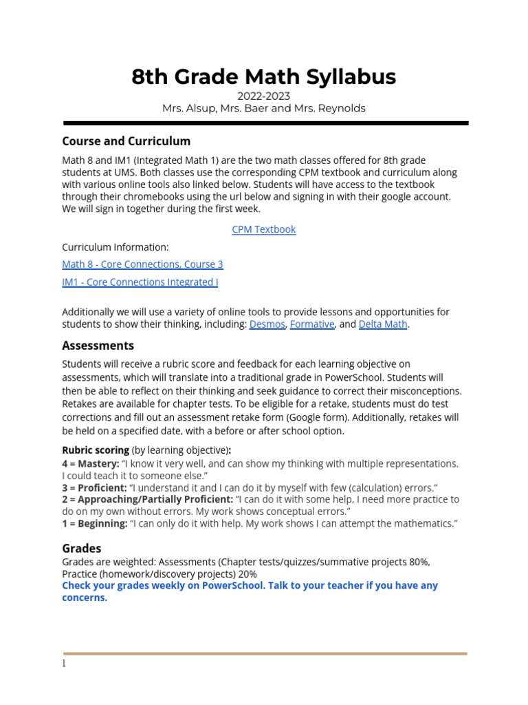 8th Grade Math Syllabus 2022-2023 | PDF | Learning | Behavior Modification