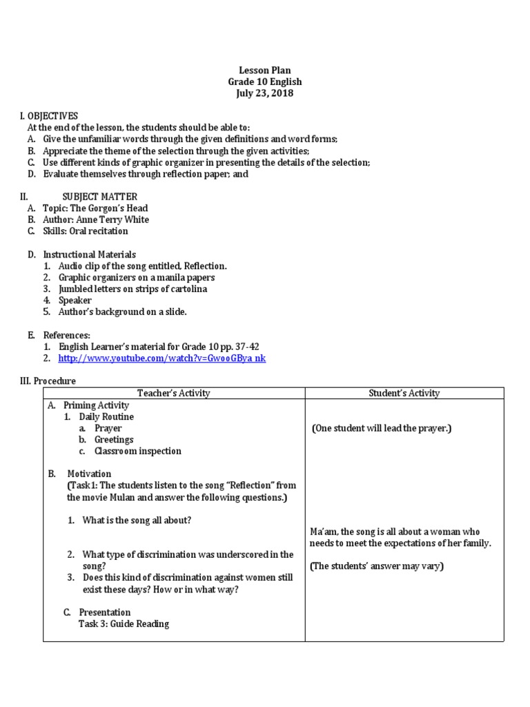 Lesson Plan-GORGON'S HEAD | Download Free PDF | Lesson Plan | Linguistics