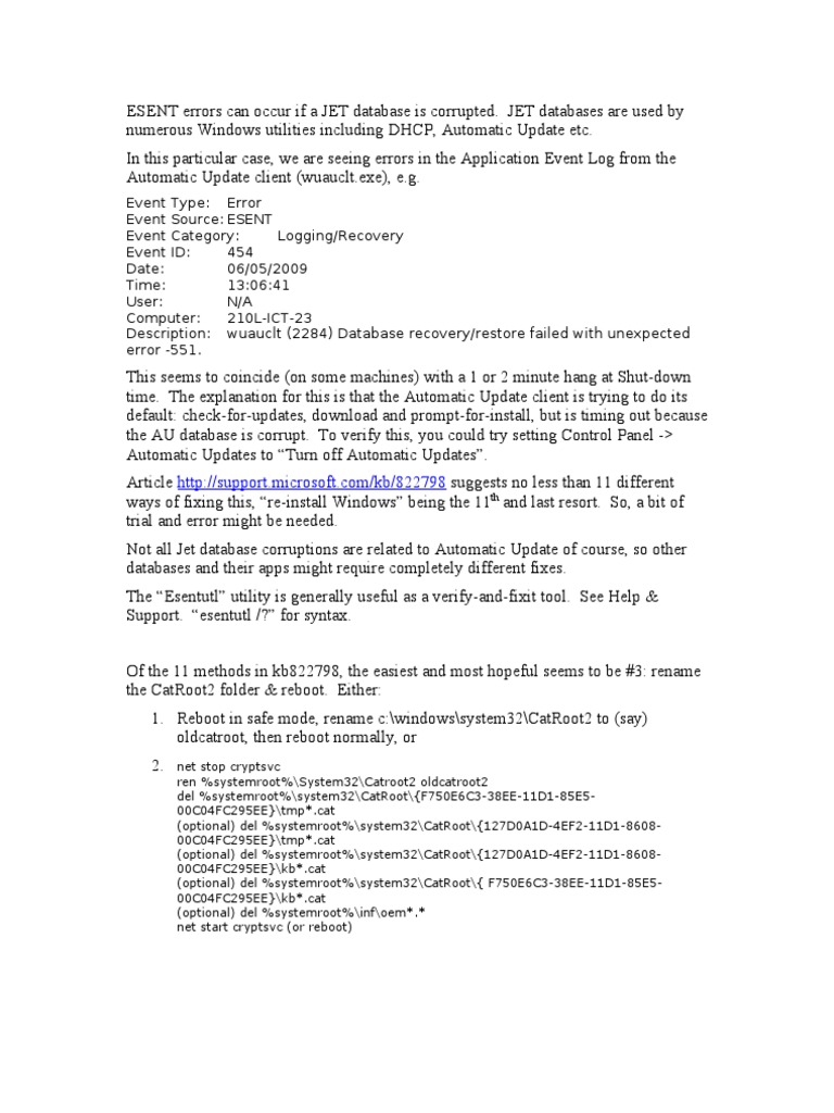 Fixing ESENT Errors | PDF | Operating System Families | Databases