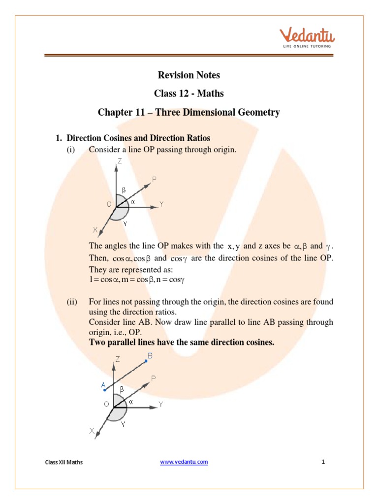 Class 12 Revision Notes Three Dimensional Geometry | Download Free PDF ...