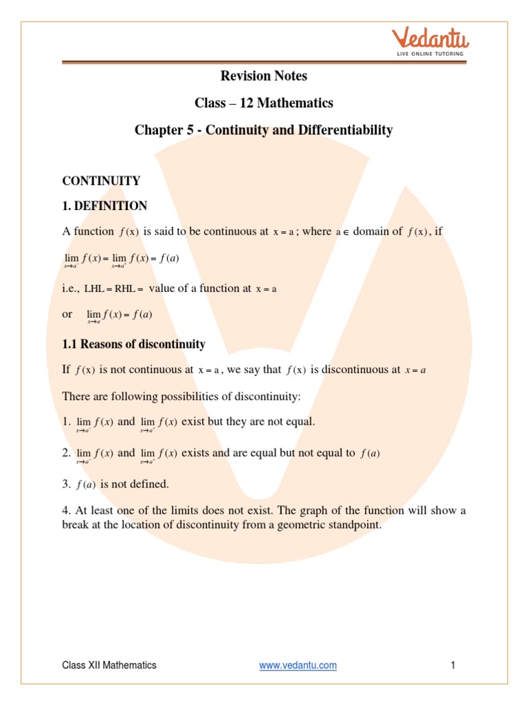 Class 12 Revision Notes Continuity and Differentiability | PDF ...