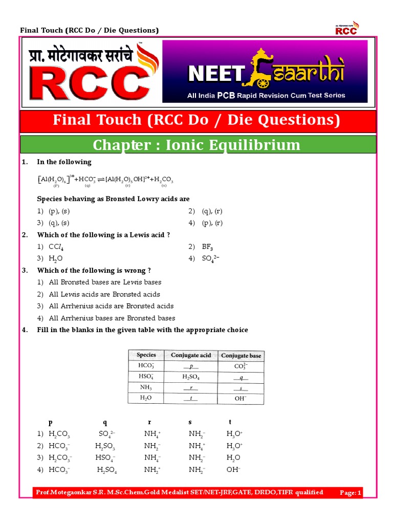 8 Ionic Equilibrium MCQs | PDF | Acid | Ph
