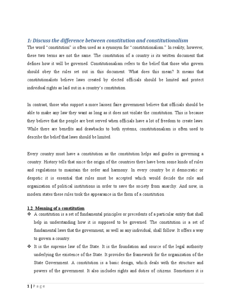 1: Discuss The Difference Between Constitution and Constitutionalism | PDF | Good Governance ...