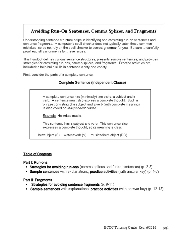 Avoiding Run-On Sentences, Comma Splices, and Fragments: Independent ...