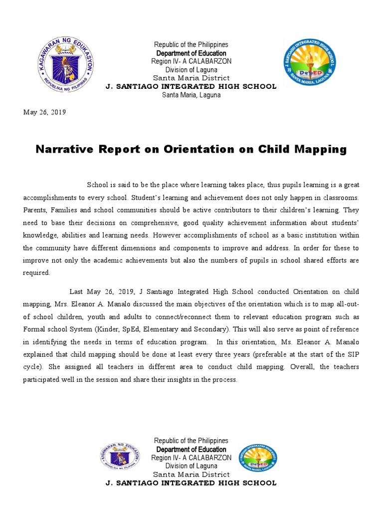 Narrative Report On Orientation On Child Mapping | PDF | Schools | Teachers