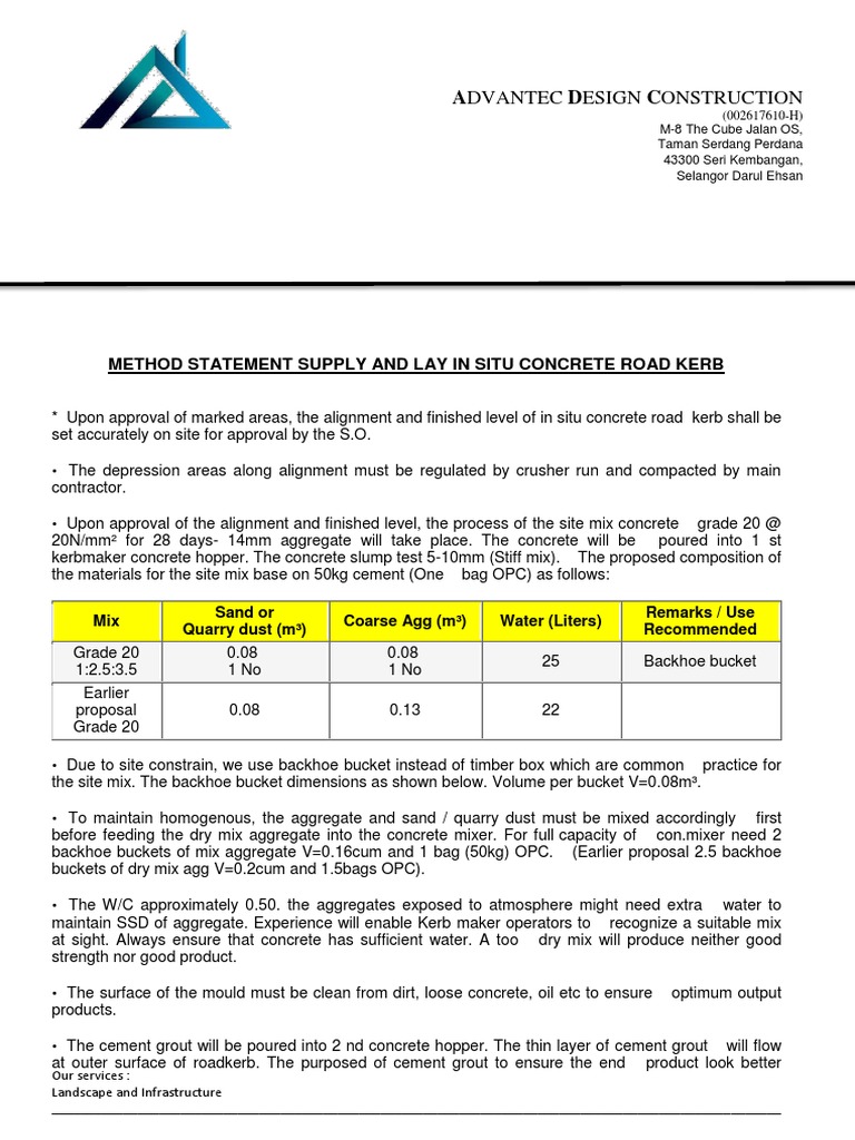 Method Statement Kerb Cast in Situ (Site Mix) - For Merge | PDF | Concrete | Road