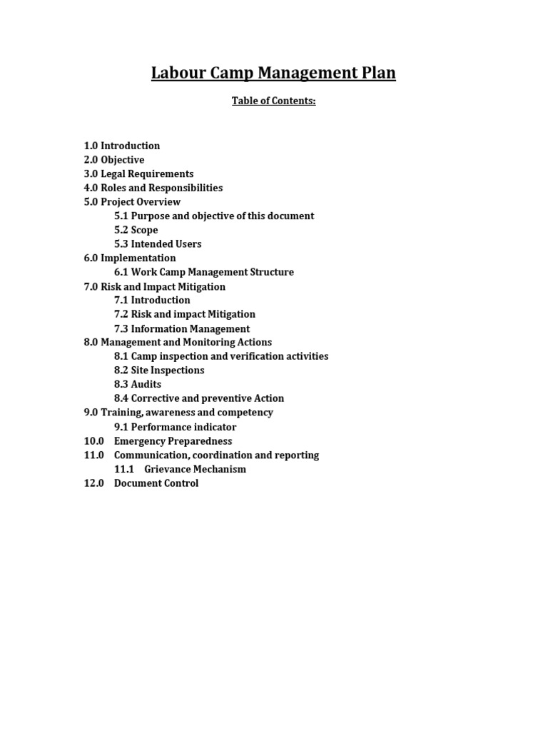Labour Camp Management Plan | PDF | Emergency Management | Risk
