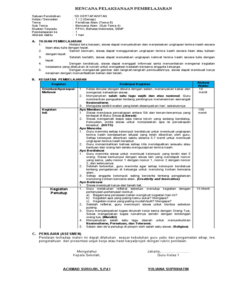 RPP Tema Bencana Alam Kelas 1 | PDF | Karier & Perkembangan