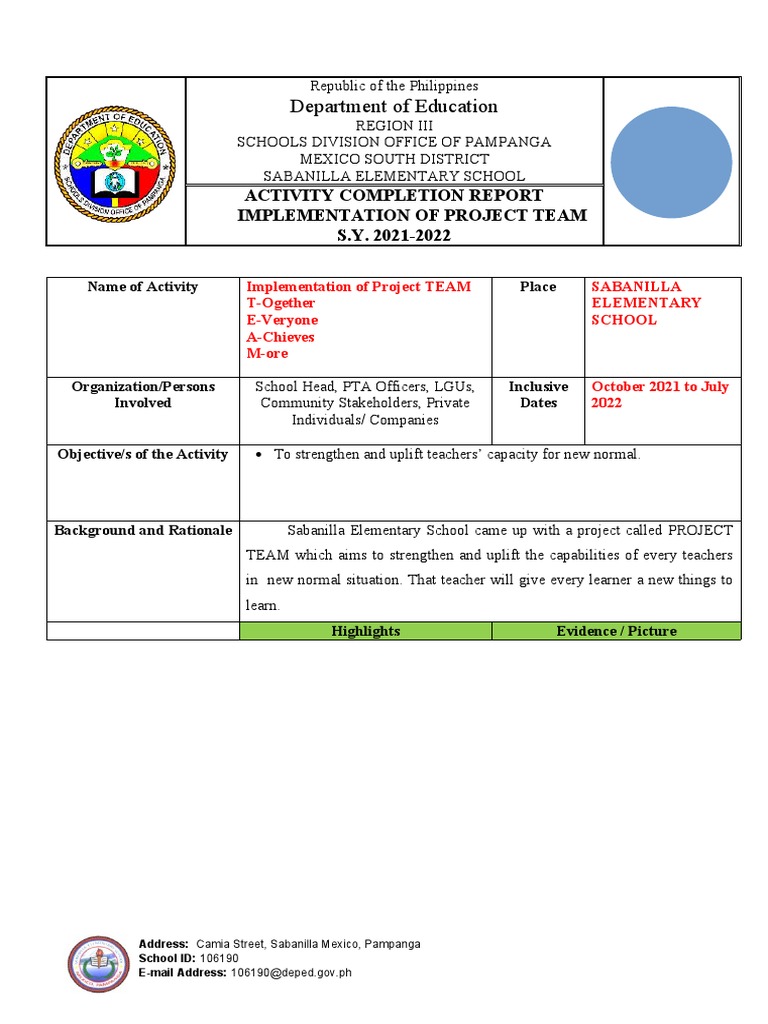 Department of Education: Activity Completion Report Implementation of ...