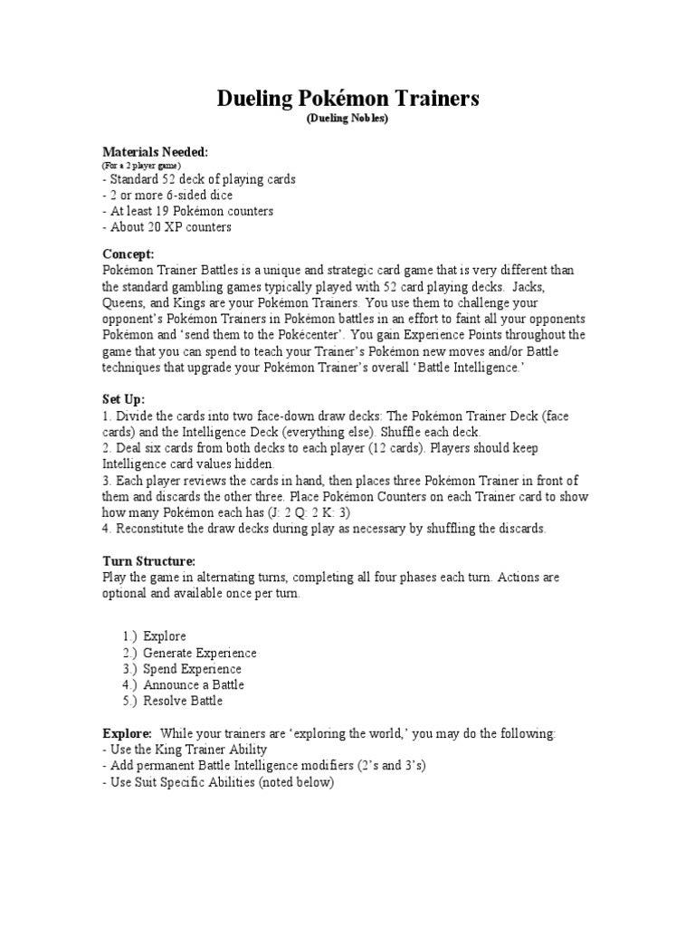 Dueling Pokémon Trainers: Materials Needed | PDF | Pokémon | Playing Cards