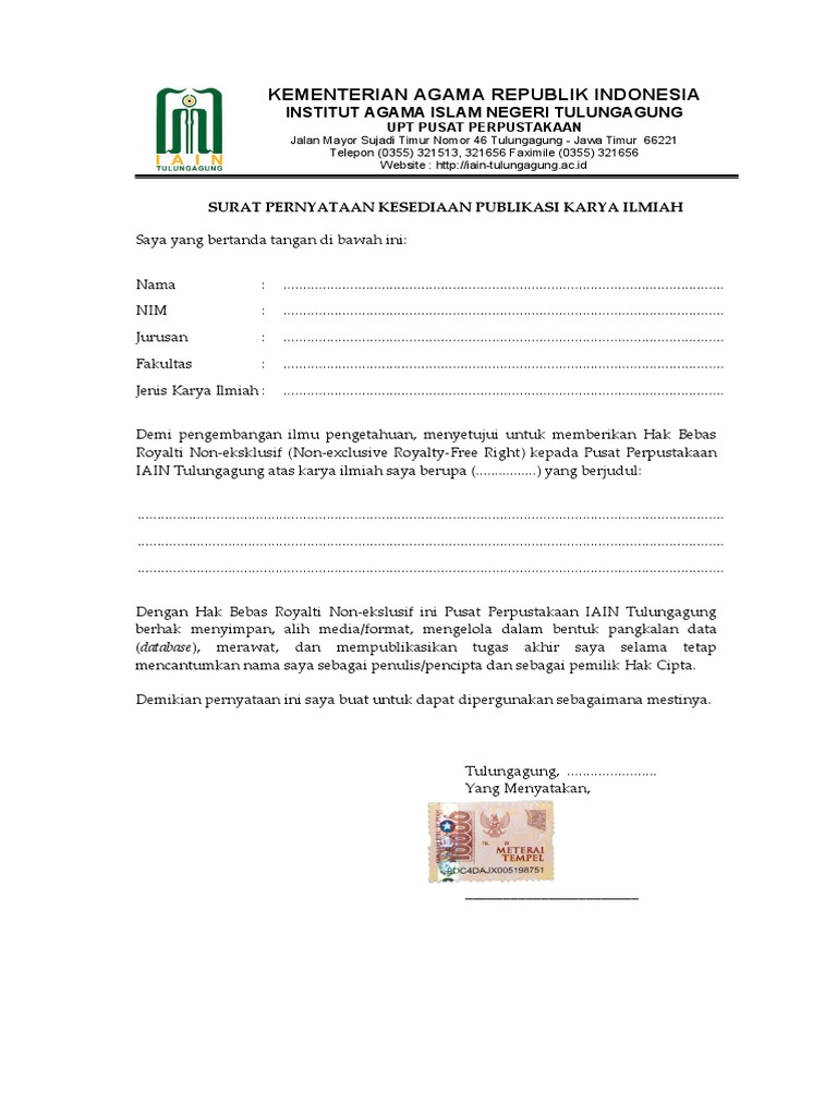Surat Pernyataan Kesediaan Publikasi Karya Ilmiah | PDF
