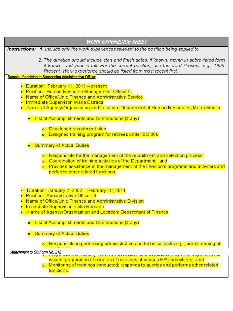 CS Form No. 212 Attachment - Work Experience Sheet | PDF | Human ...