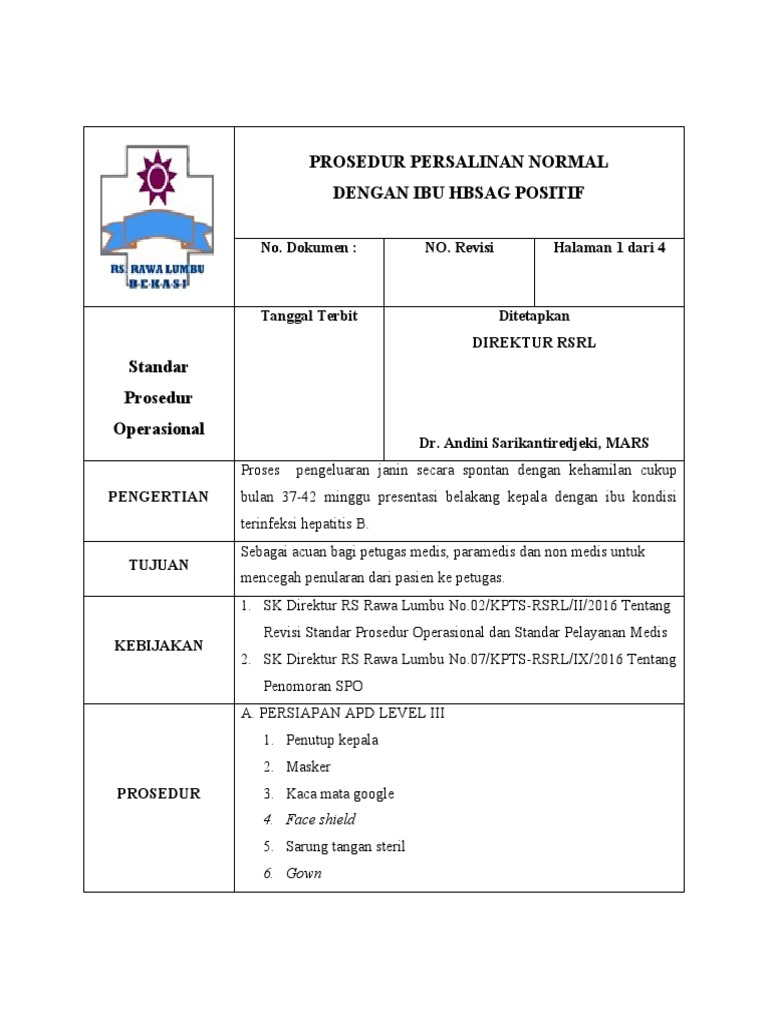 Sop Pertolongan Persalinan Normal Dengan Ibu Hbsag Positif | PDF