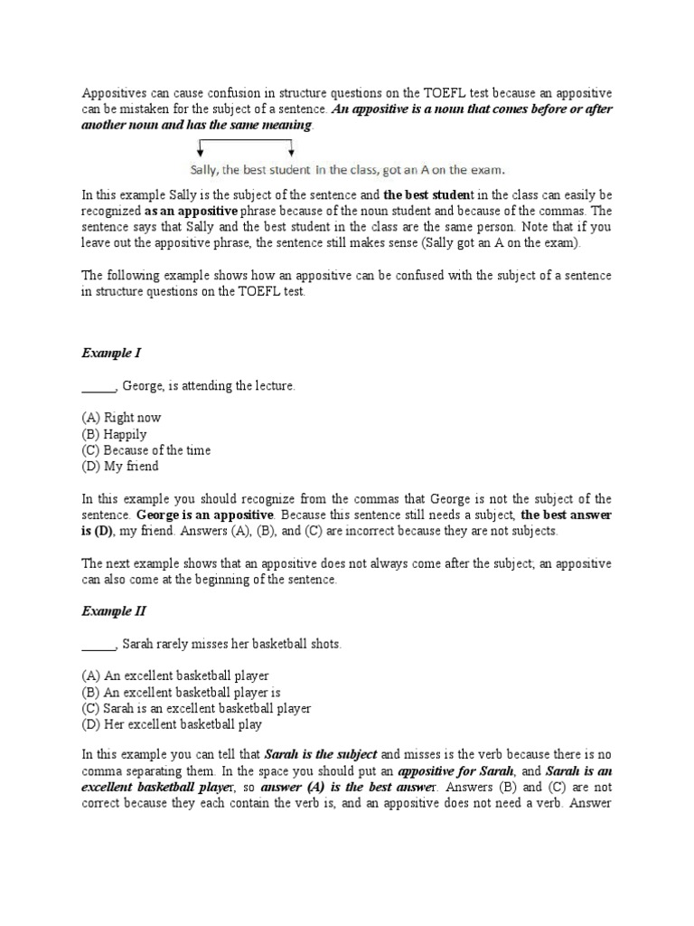 Understanding Appositives in TOEFL | PDF | Subject (Grammar) | Phrase