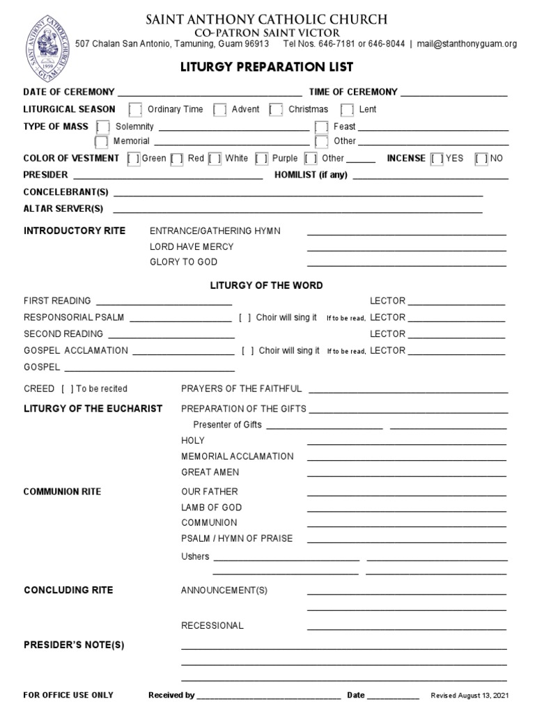 Liturgy Preparation Checklist | PDF | Mass (Liturgy) | Catholic Liturgy