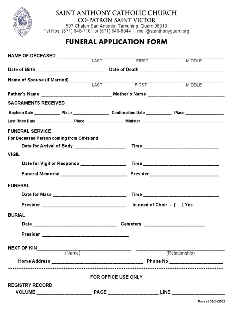 Funeral Application Form: 507 Chalan San Antonio, Tamuning, Guam 96913 ...