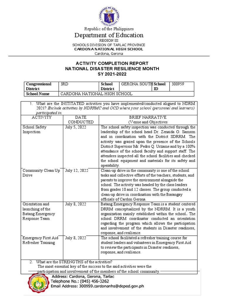 Department of Education: Activity Completion Report National Disaster Resilience Month SY 2021 ...