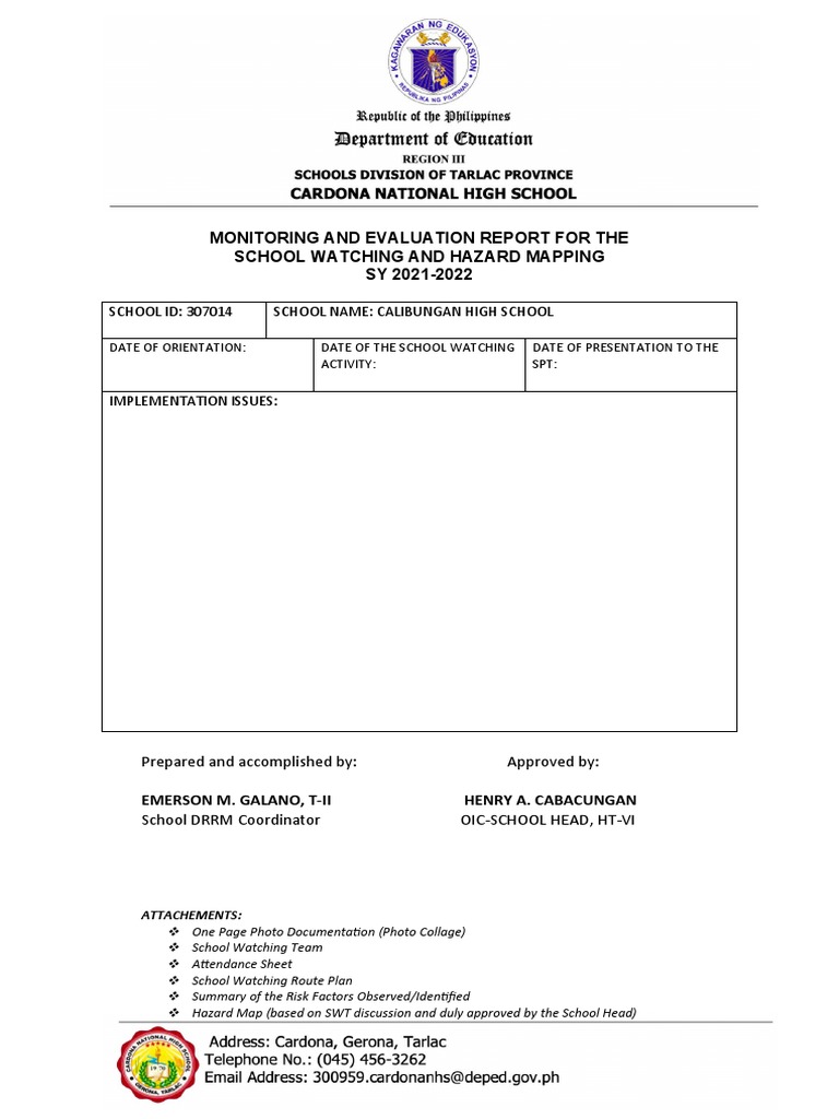 Monitoring and Evaluation Report For The School Watching and Hazard ...