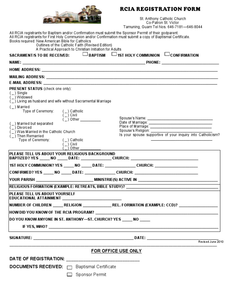 RCIA Registration Form | PDF | Catholic Church | Confirmation