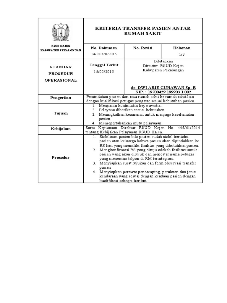 Spo Kriteria Transfer Pasien Antar Rumah Sakit | PDF