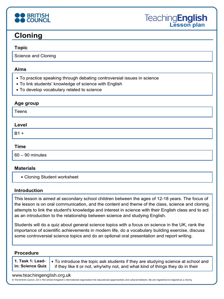 Cloning Lesson Plan | PDF | Science | Lesson Plan