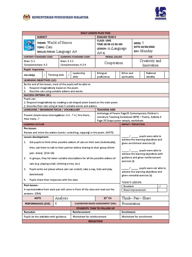 Bi Y5 TS25 (Ums) Week 5 (18 April 2022) | PDF | Lesson Plan | Cognition
