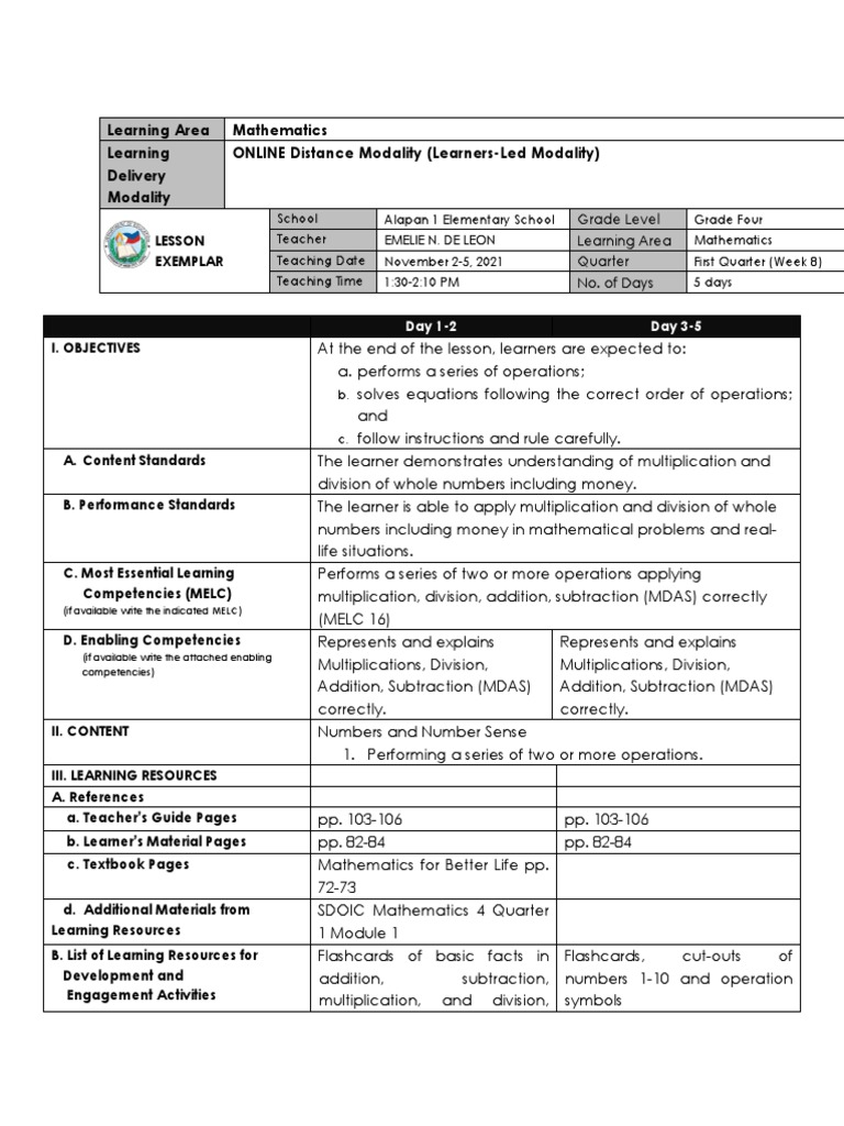 Learning Area Mathematics Learning Delivery Modality ONLINE Distance ...