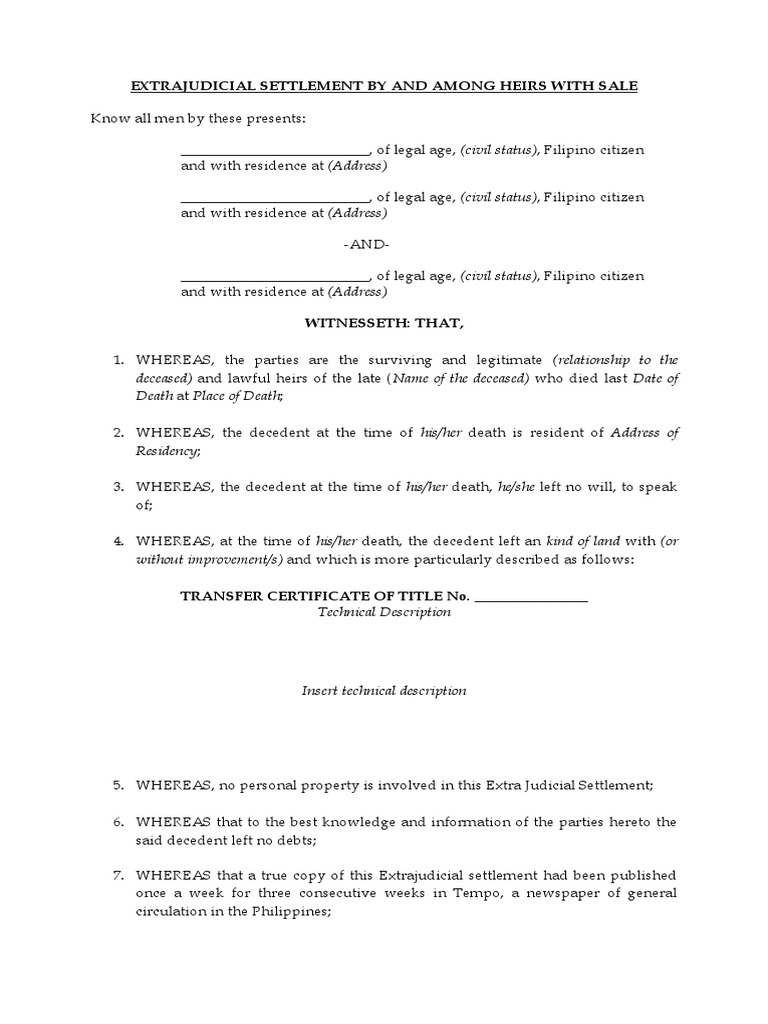 Deceased) and Lawful Heirs of The Late (Name of The Deceased) Who Died ...