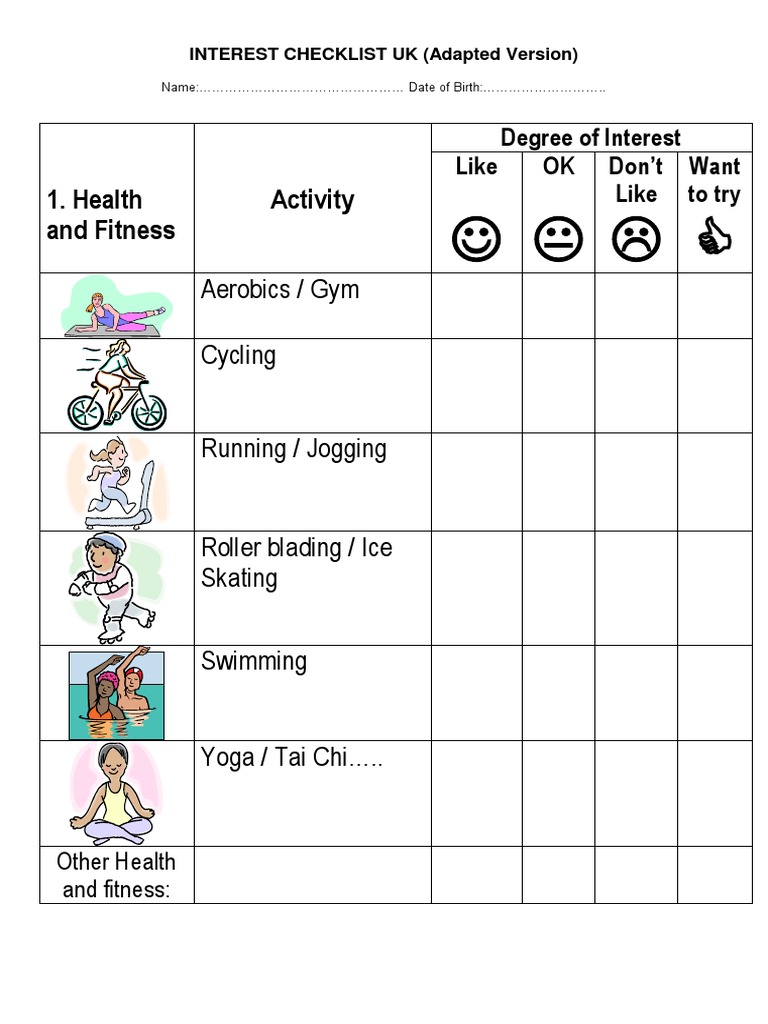 Interest Checklist UK (Adapted) | PDF | Sports | Entertainment