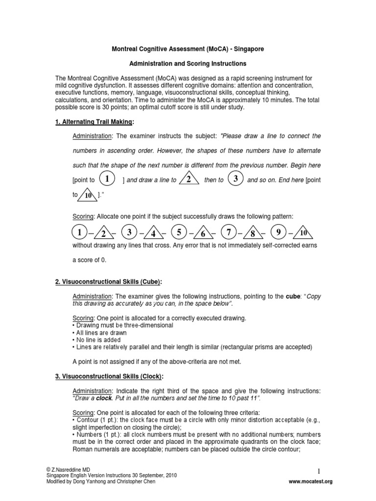 MoCA Instructions English - Singapore | PDF | Behavioural Sciences ...